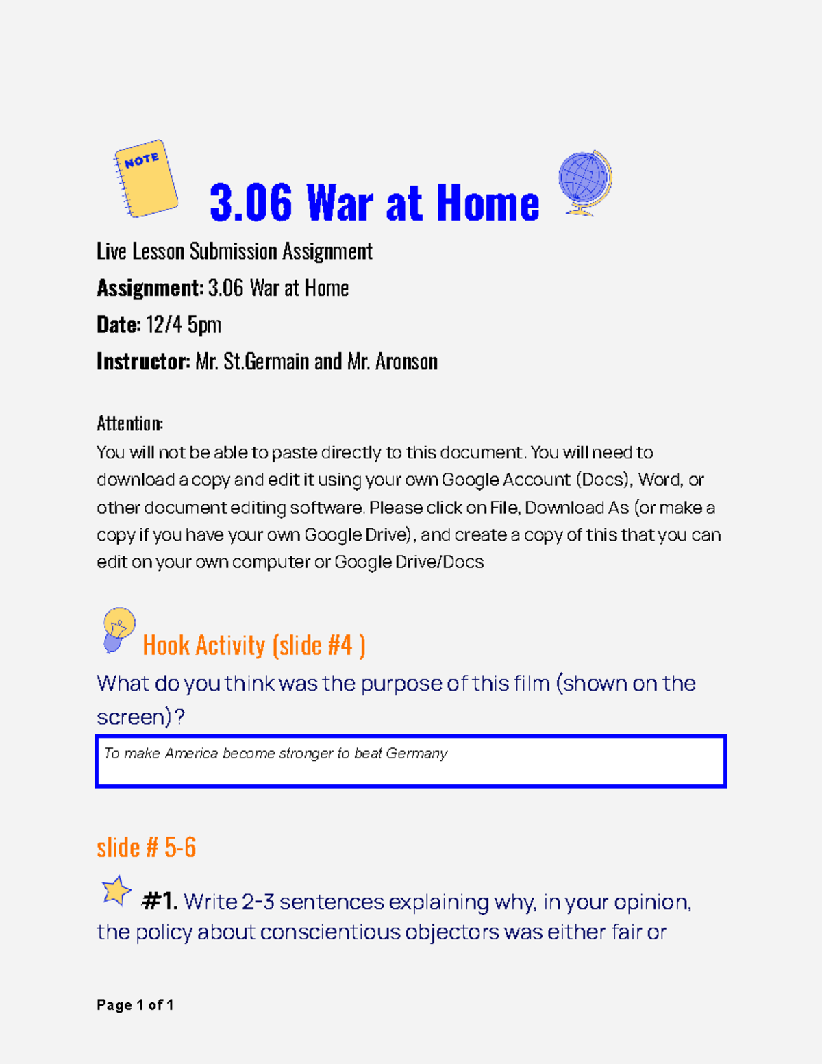 Copy of 3.06 Live Lesson EOC Academy St - 3 War at Home Live Lesson Submission Assignment - Studocu
