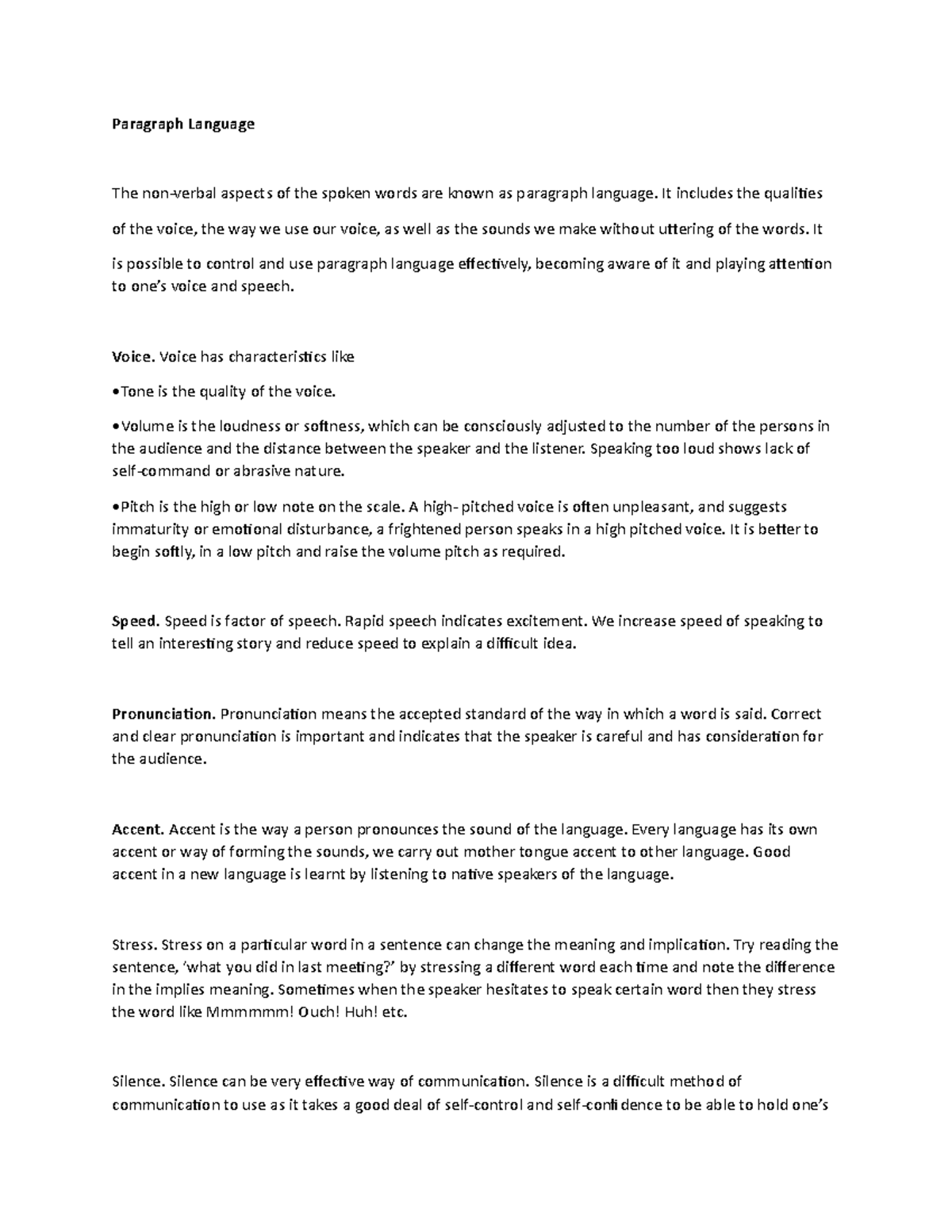 Paragraph Language - Paragraph Language The non-verbal aspects of the ...