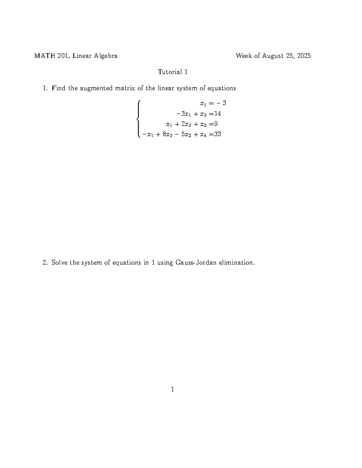 MATH 201, Linear Algebra Tutorial 1: Aug 25, 2025 Solutions - Studocu