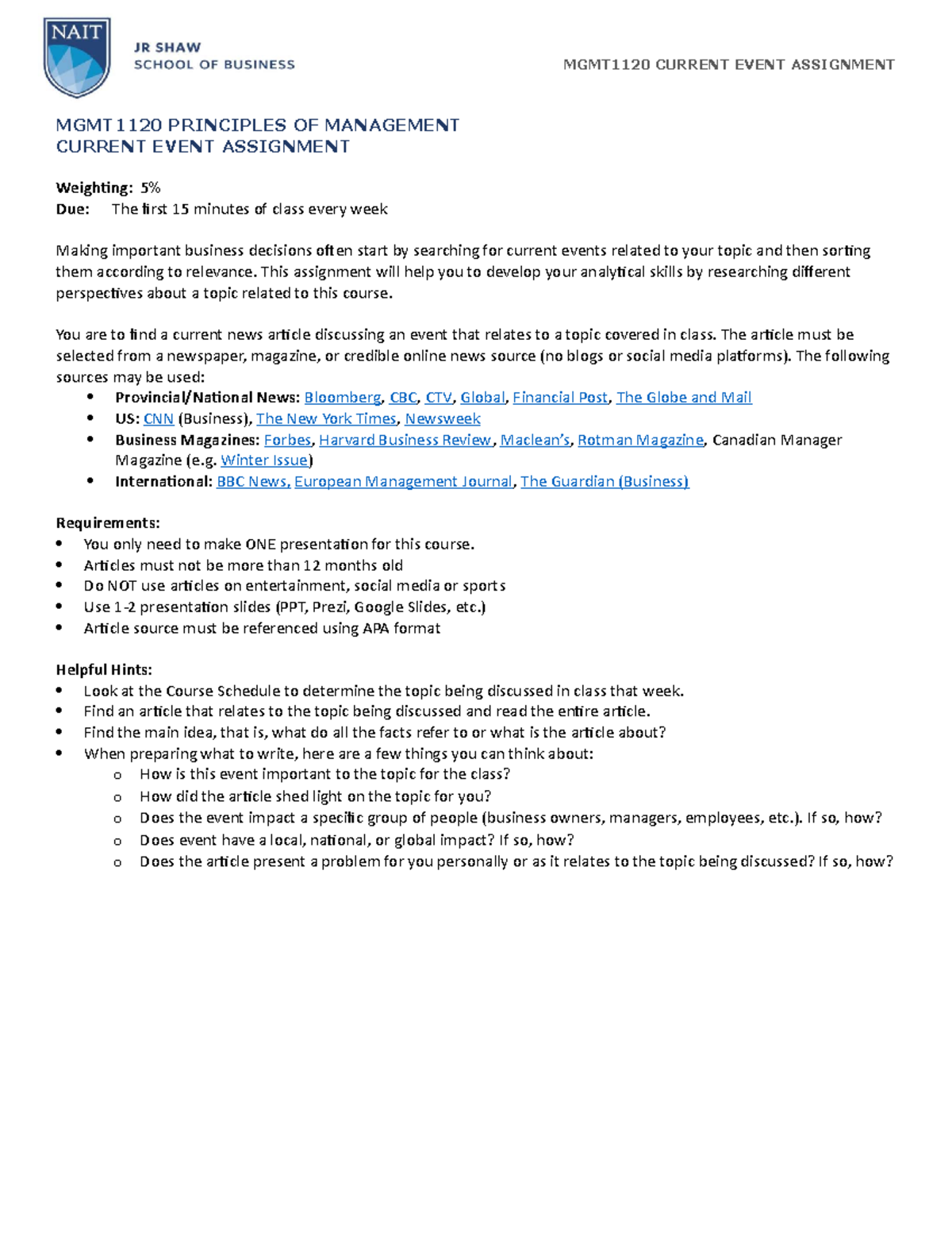 MGMT1120 Current Event Assignment Guidelines and Requirements - Studocu