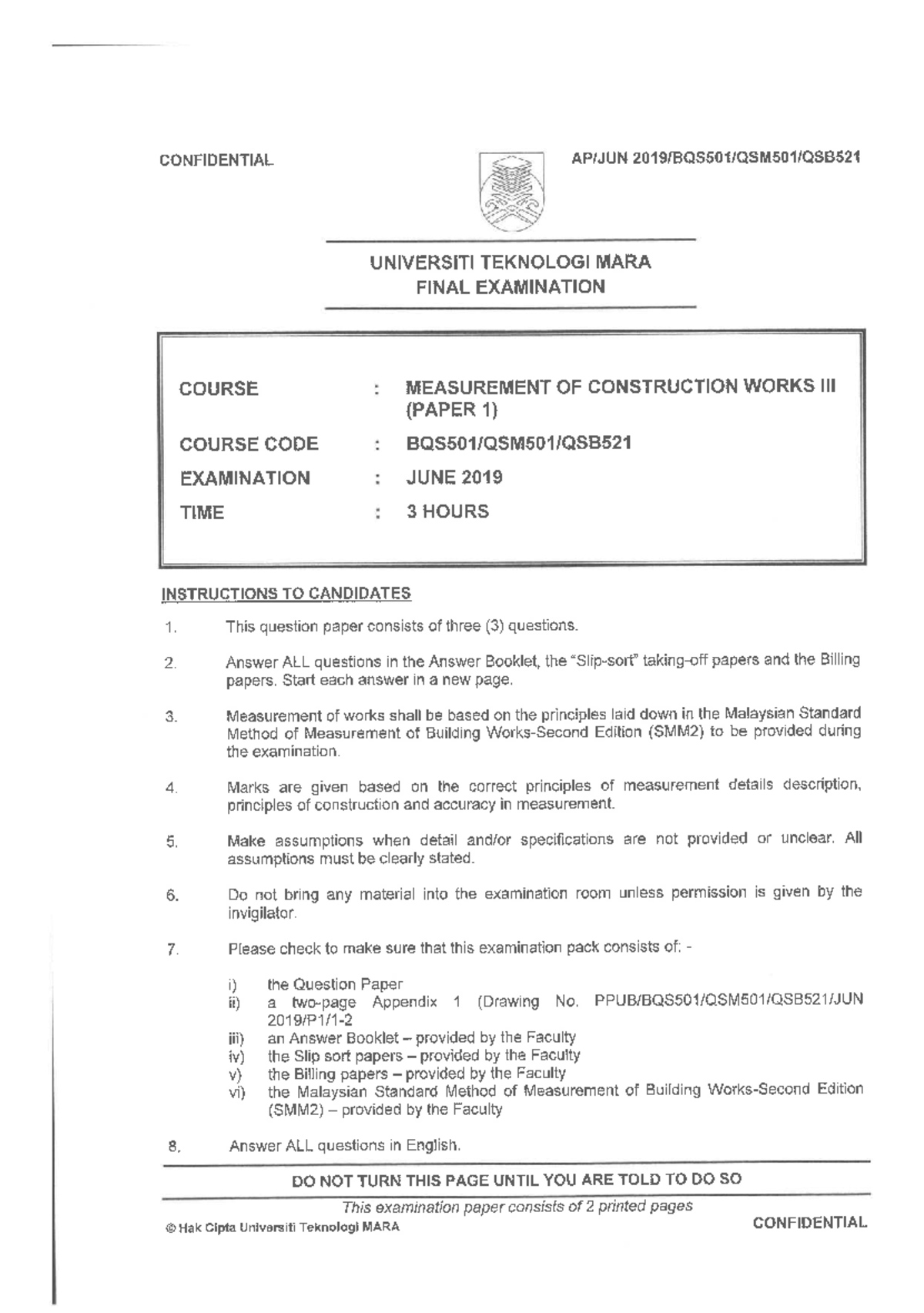 BQS501 QSM501 QSB521 Final Exam: Measurement of Construction Works ...