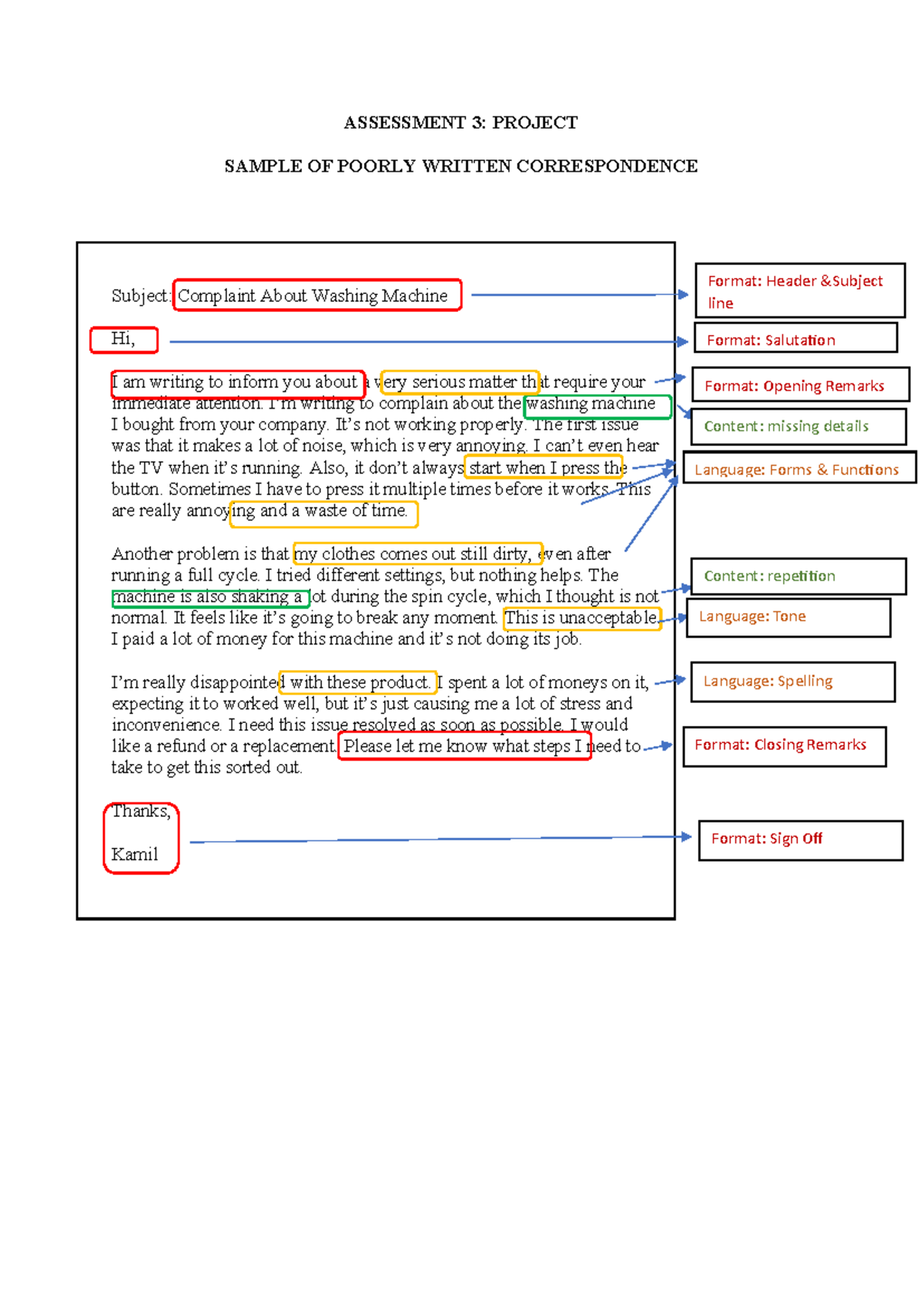 ASSESSMENT 3: PROJECT REVIEW OF POORLY WRITTEN COMPLAINT EMAIL - Studocu