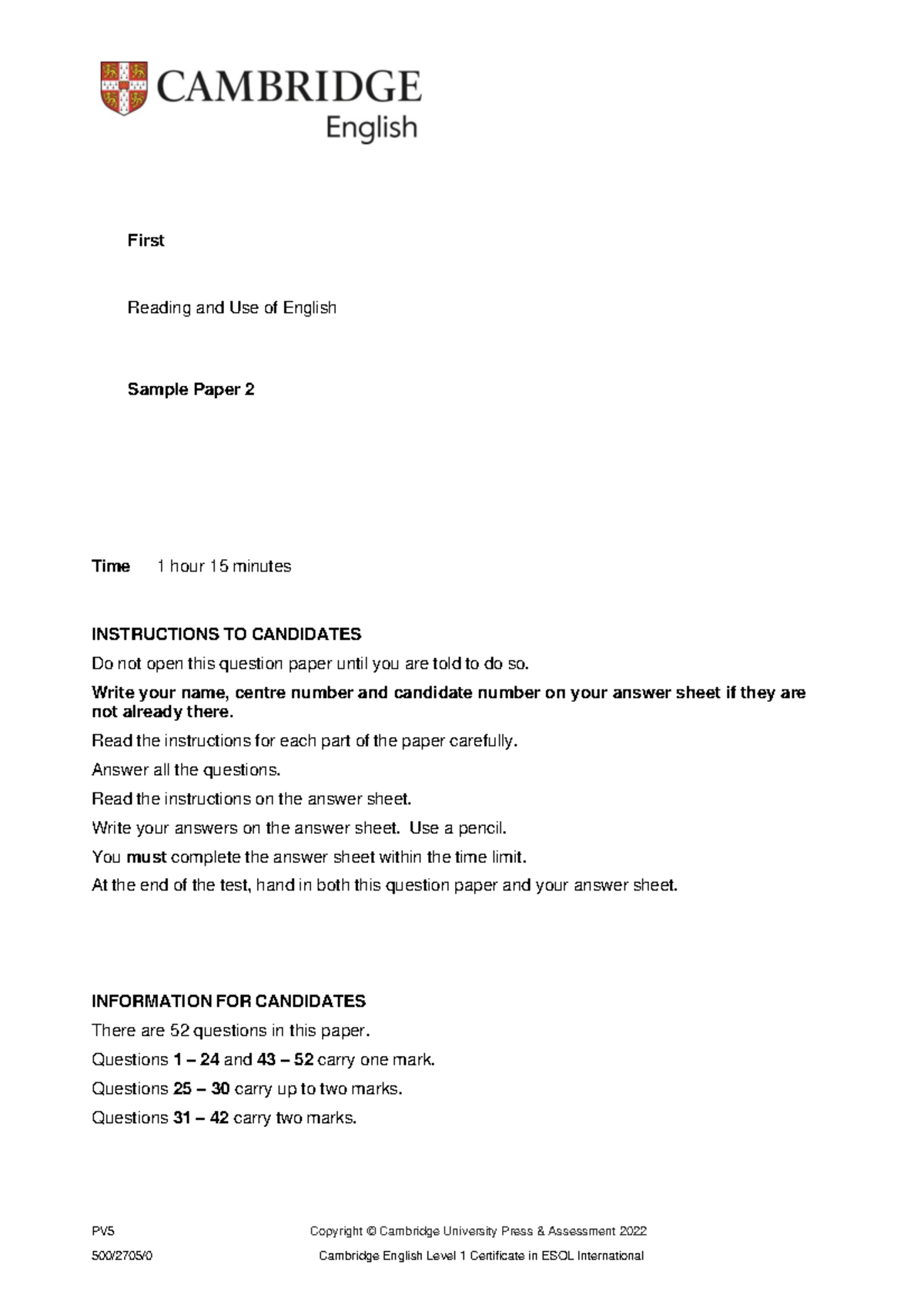 B2 Reading Sample Paper 2: First Reading and Use of English - Studocu