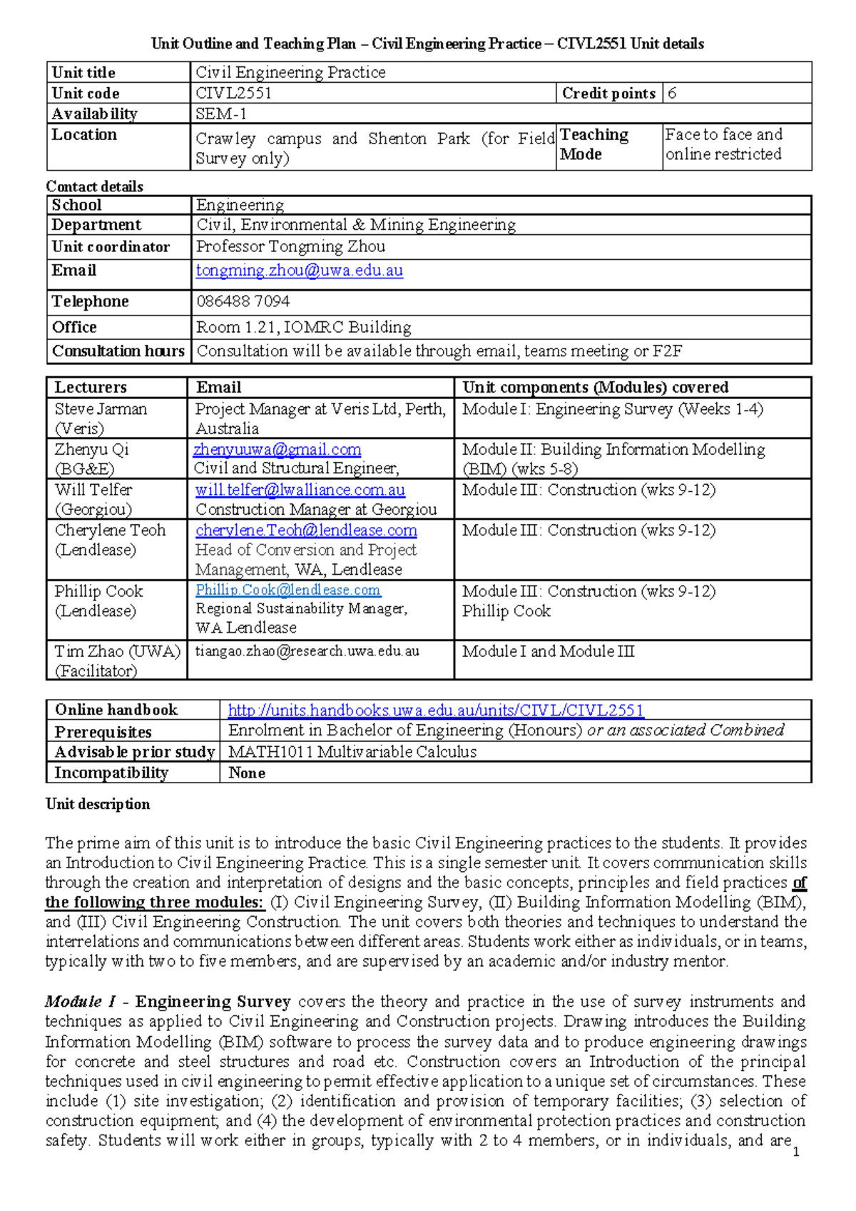 Unit Outline and Teaching Plan for Civil Engineering Practice CIVL2551 ...