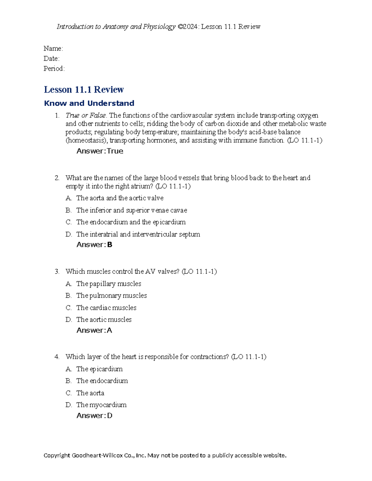 Anatomy & Physiology Lesson 11.1 Review: Cardiovascular System Insights ...