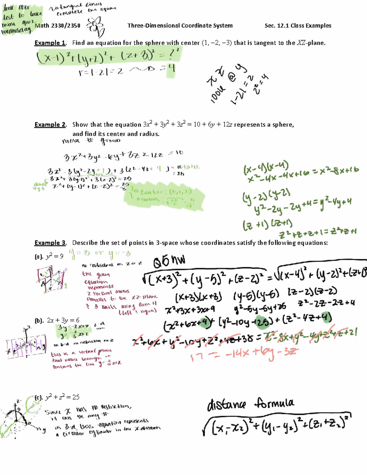 Math 2330/2350 Class Examples: 3D Coordinate Systems - Studocu