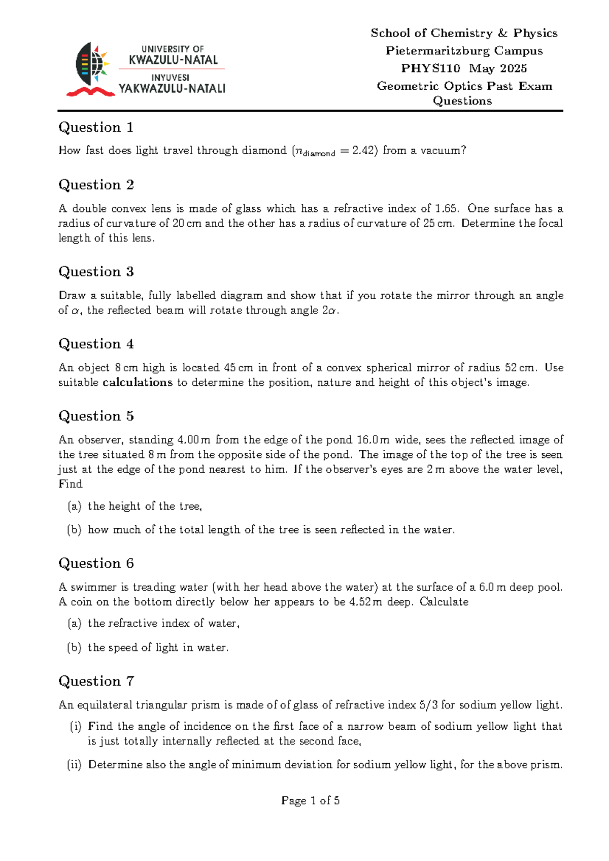 PHYS110: Geometric Optics Past Exam Questions - May 2025 - Studocu