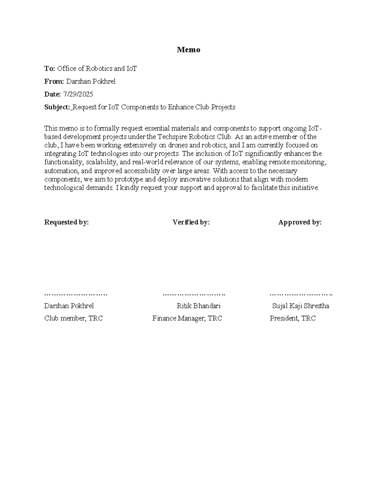 Request for IoT Components - Techspire Robotics Club Memo - Studocu