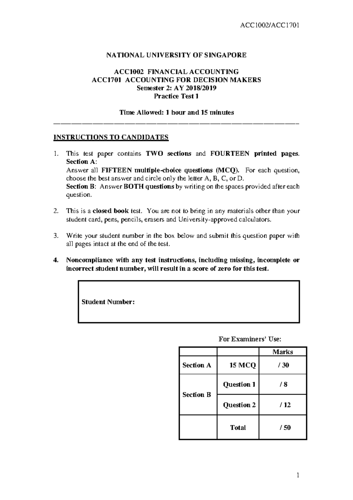 Practice Test 1 - NATIONAL UNIVERSITY OF SINGAPORE ACC1002 FINANCIAL ...