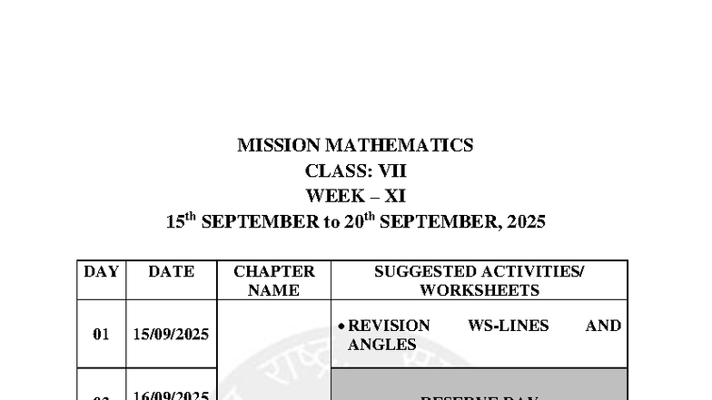 MISSION MATHEMATICS CLASS VII: WEEK XI REVISION WORKSHEETS - Studocu