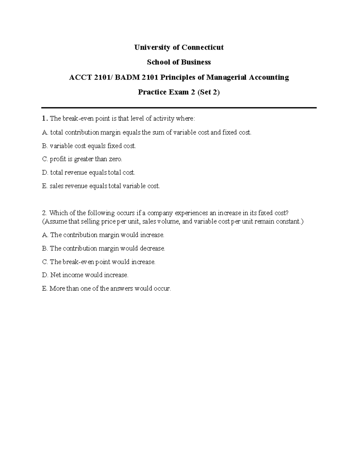 ACCT 2101/BADM 2101 Practice Exam 2 (Set 2) - Managerial Accounting ...