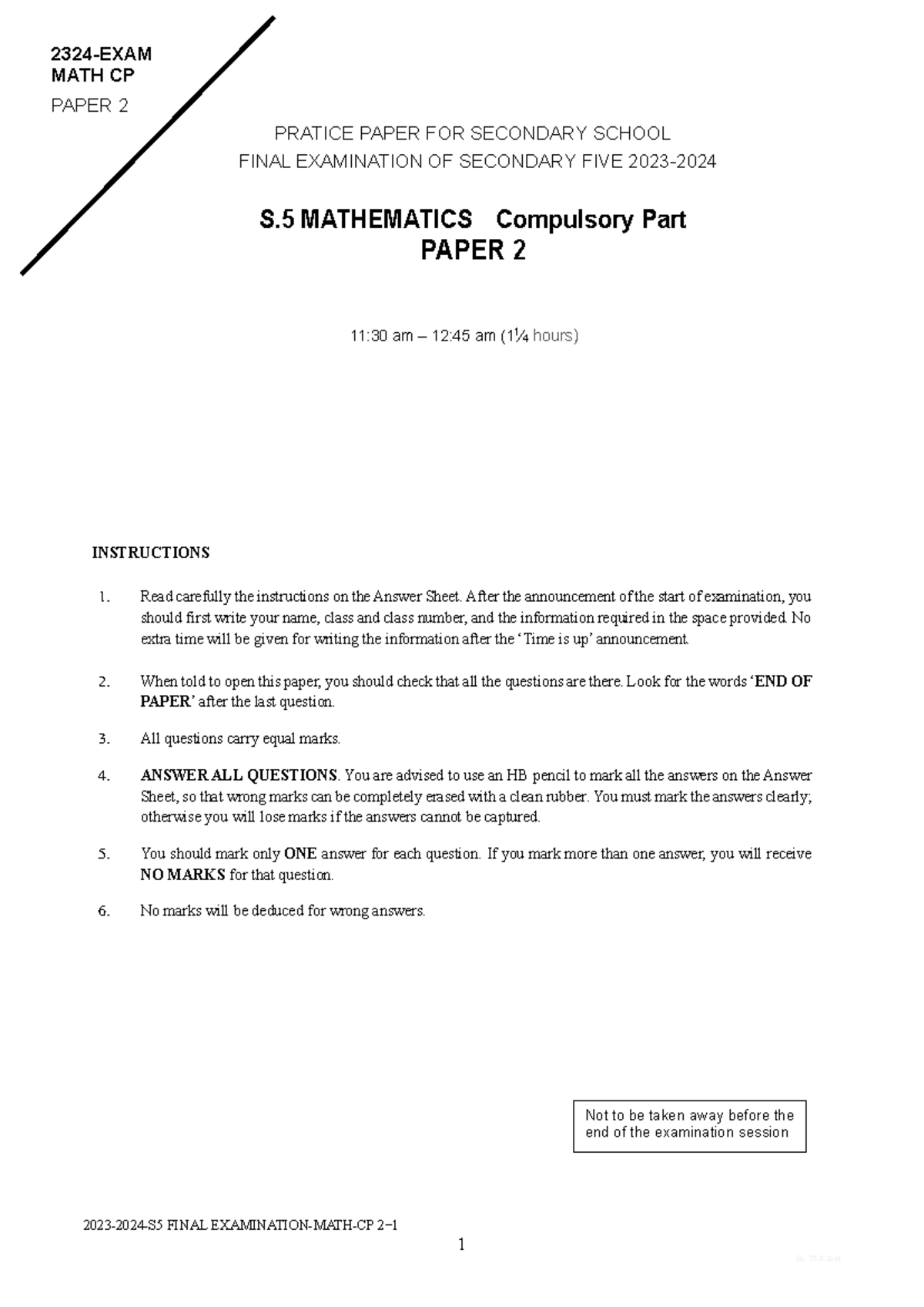 MATH YLK2024 S.5 PAPER 2 MOCK EXAMINATION PRACTICE - Studocu