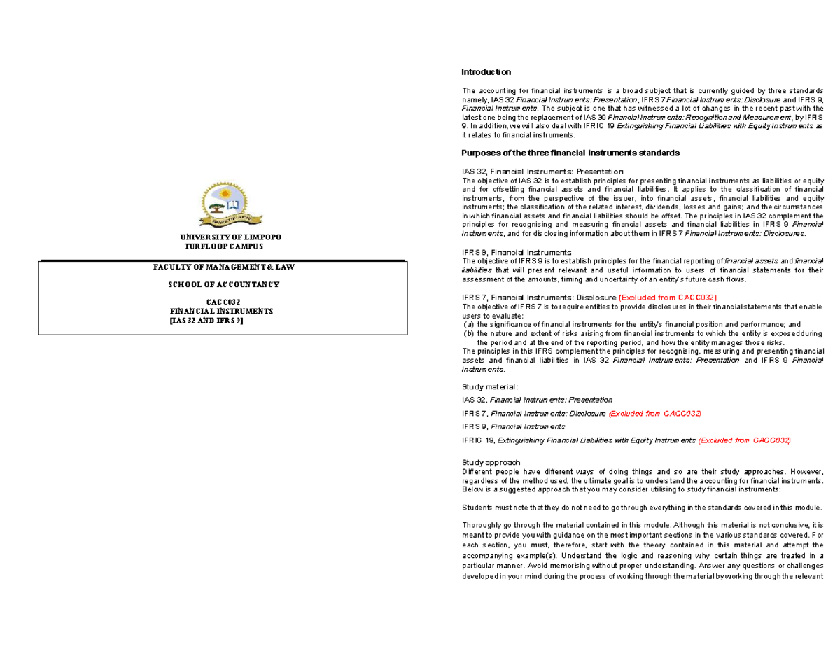 CACC032 Financial Instruments: IAS 32 and IFRS 9 Summary Notes - Studocu