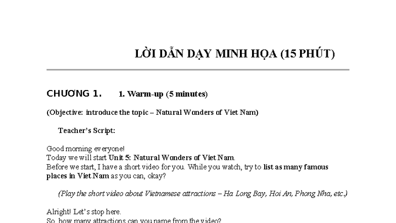 GRADE 10 LỚI DẪN DẠY MINH HỌA CHƯƠNG 1-7 (15 PHÚT) - Studocu