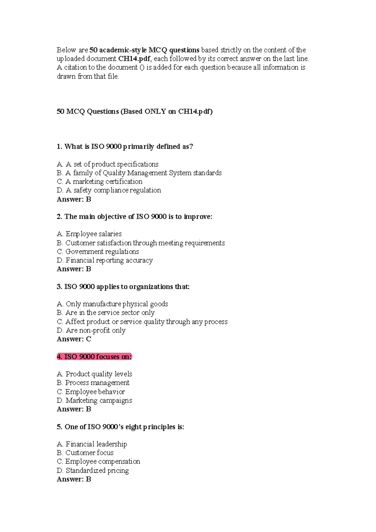 Ch14 MCQ Questions & Answers - ISO Standards Overview - Studocu