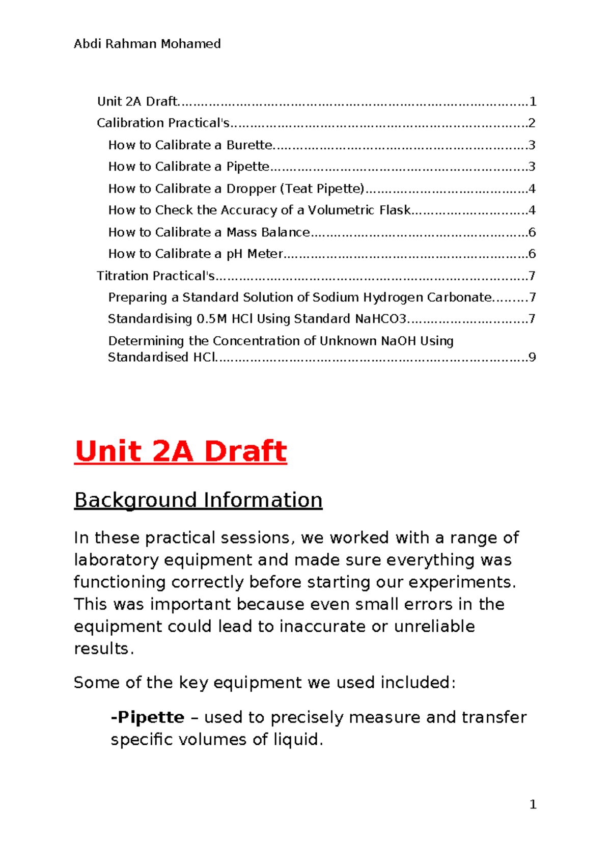 Applied Science Unit 2A: Calibration and Titration Techniques - Studocu