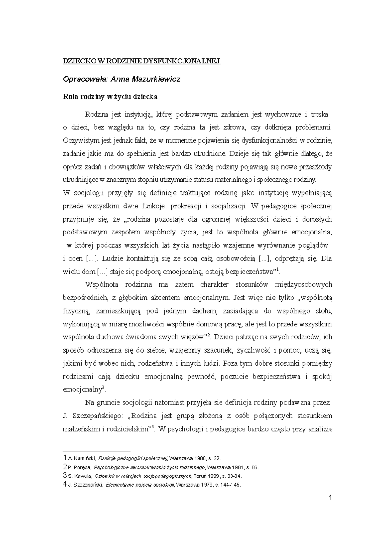 Rola Rodziny w Rozwoju Dziecka w Kontekście Dysfunkcjonalności - Studocu