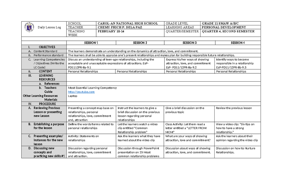 Daily Lesson Log (DLL) for Grade 11 Personal Development - Studocu