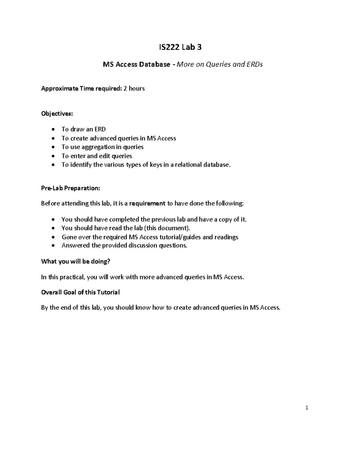 IS222 Week 4 Lab 3: Advanced Queries & ERDs in MS Access - Studocu