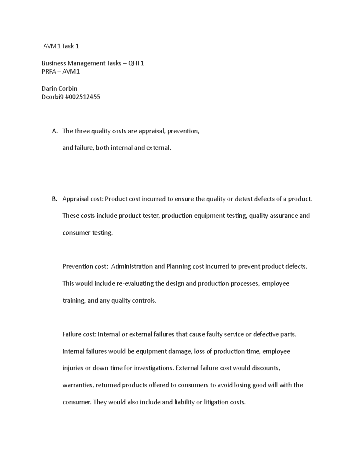 Business Management - AVM1 Quality Costs Analysis Task 1 - Studocu