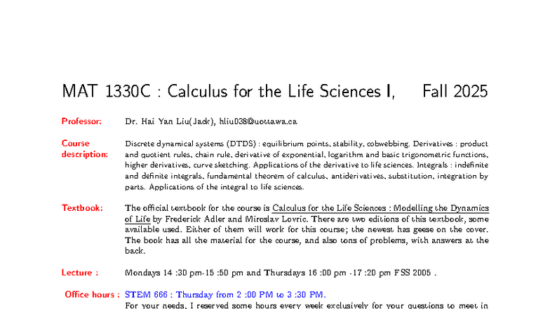 MAT 1330C: Calculus for Life Sciences I - Course Overview & Resources ...