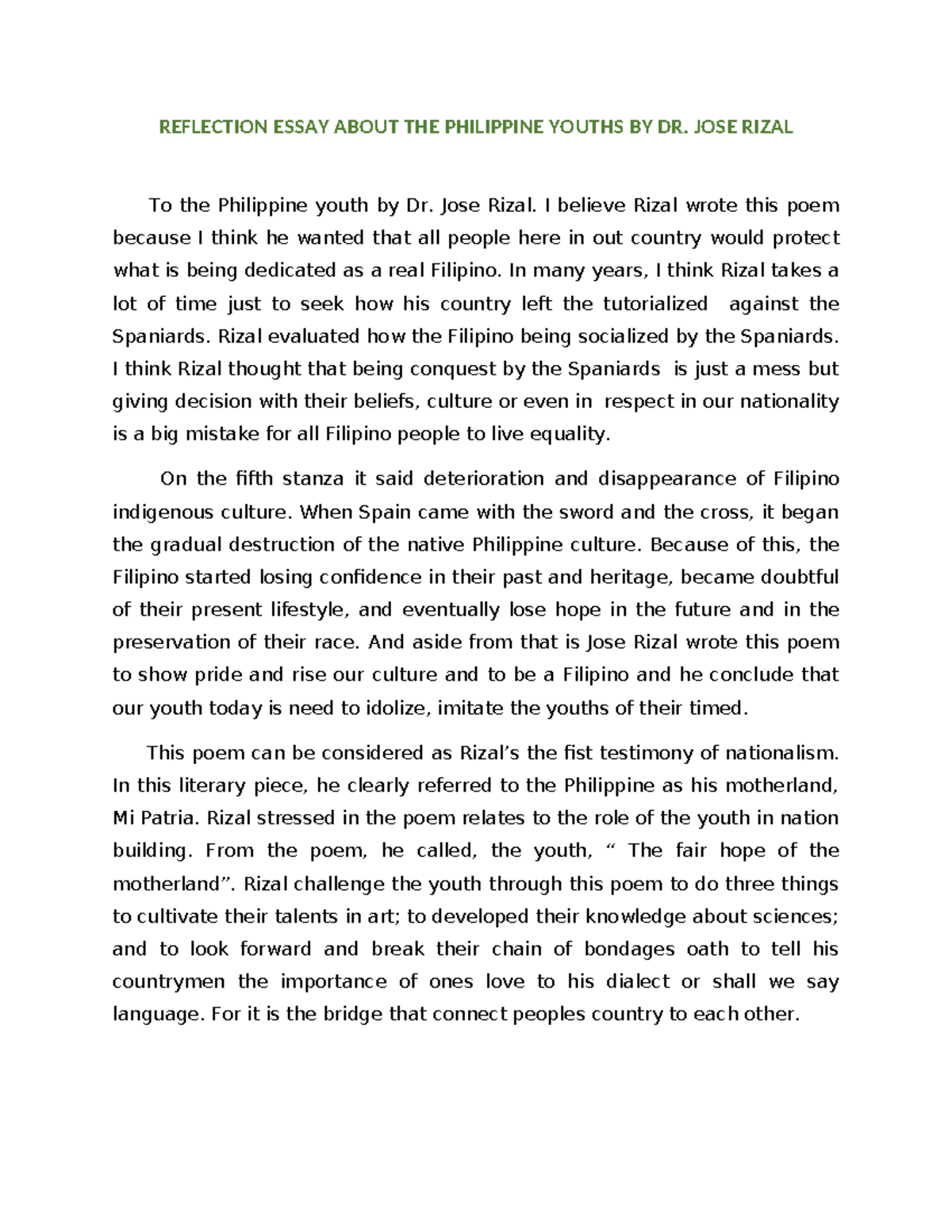 REFLECTION ESSAY ON PHILIPPINE YOUTHS & RIZAL'S LEGACY - Studocu