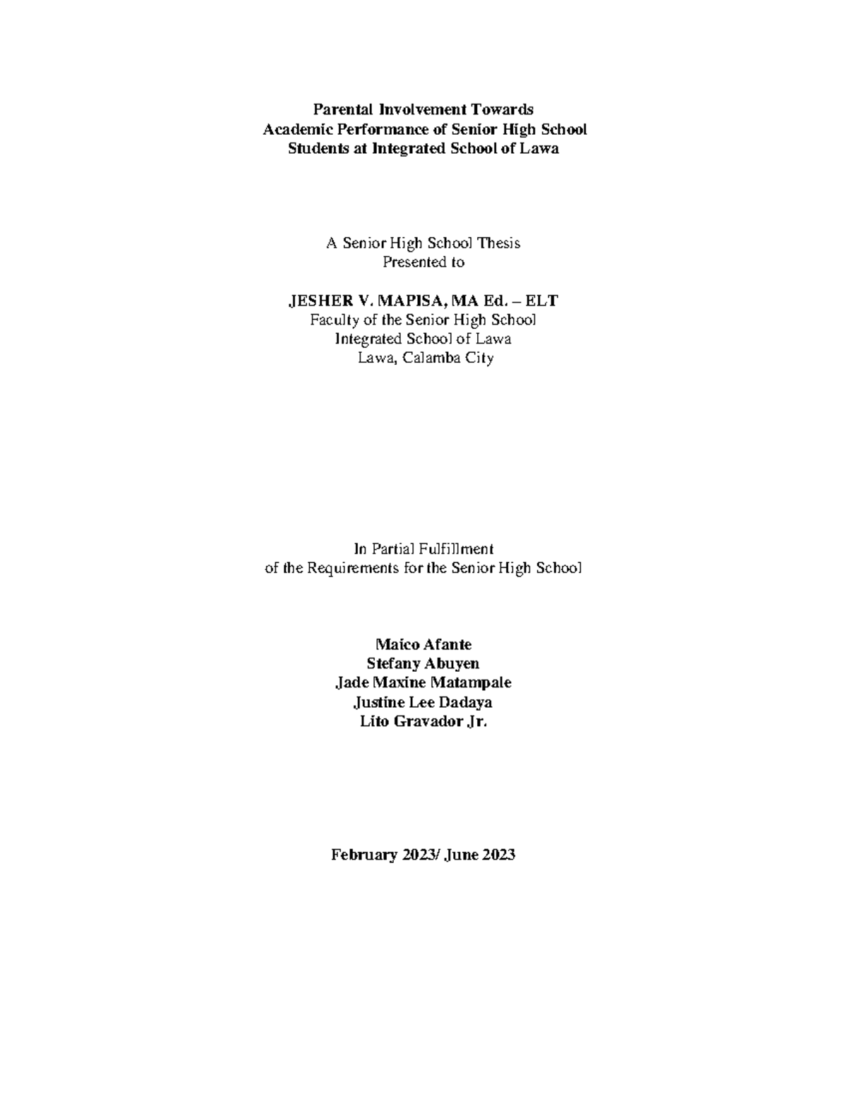 Parental Involvement and Academic Performance: A Study for PR1 - Studocu