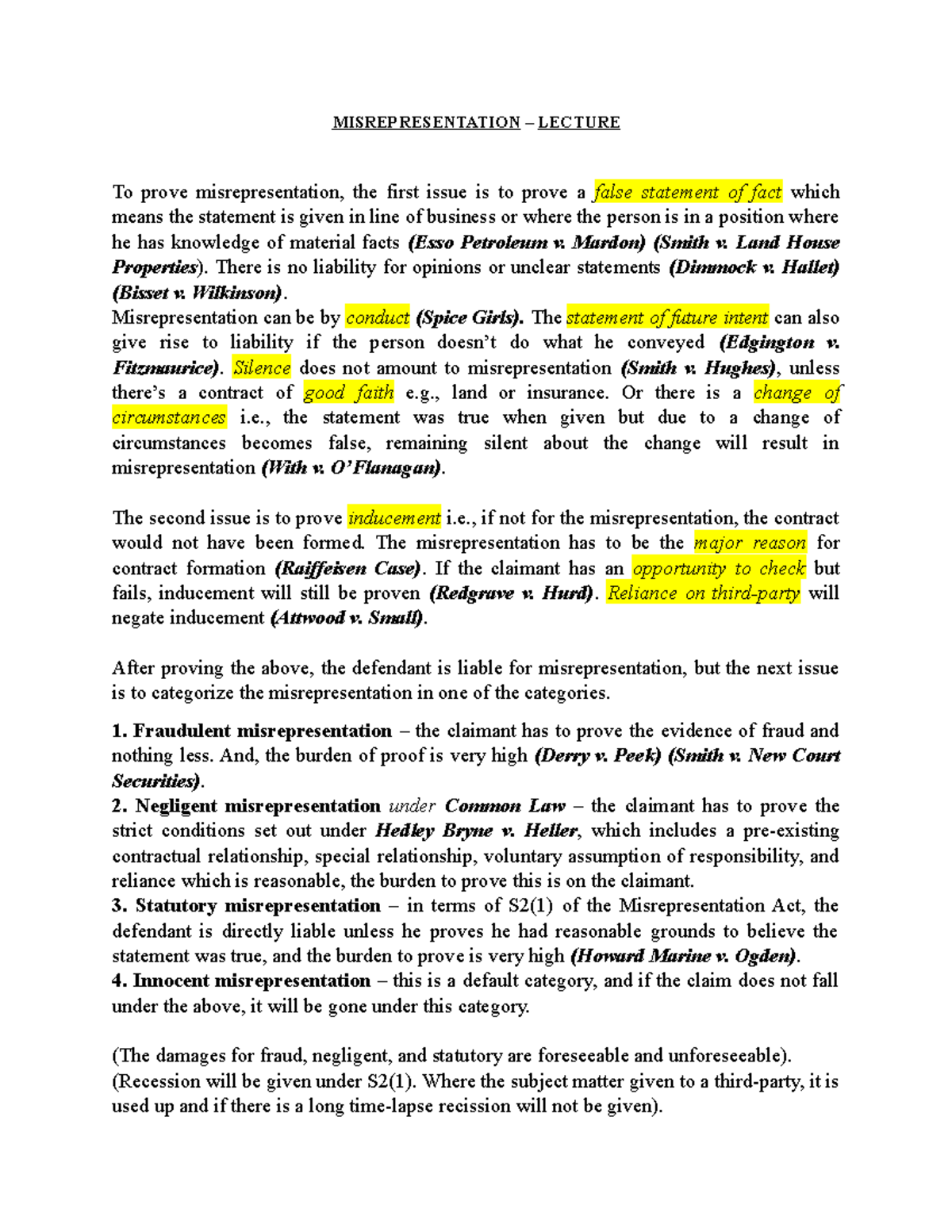 Misrepresentation lecture notes: key cases and principles - Studocu