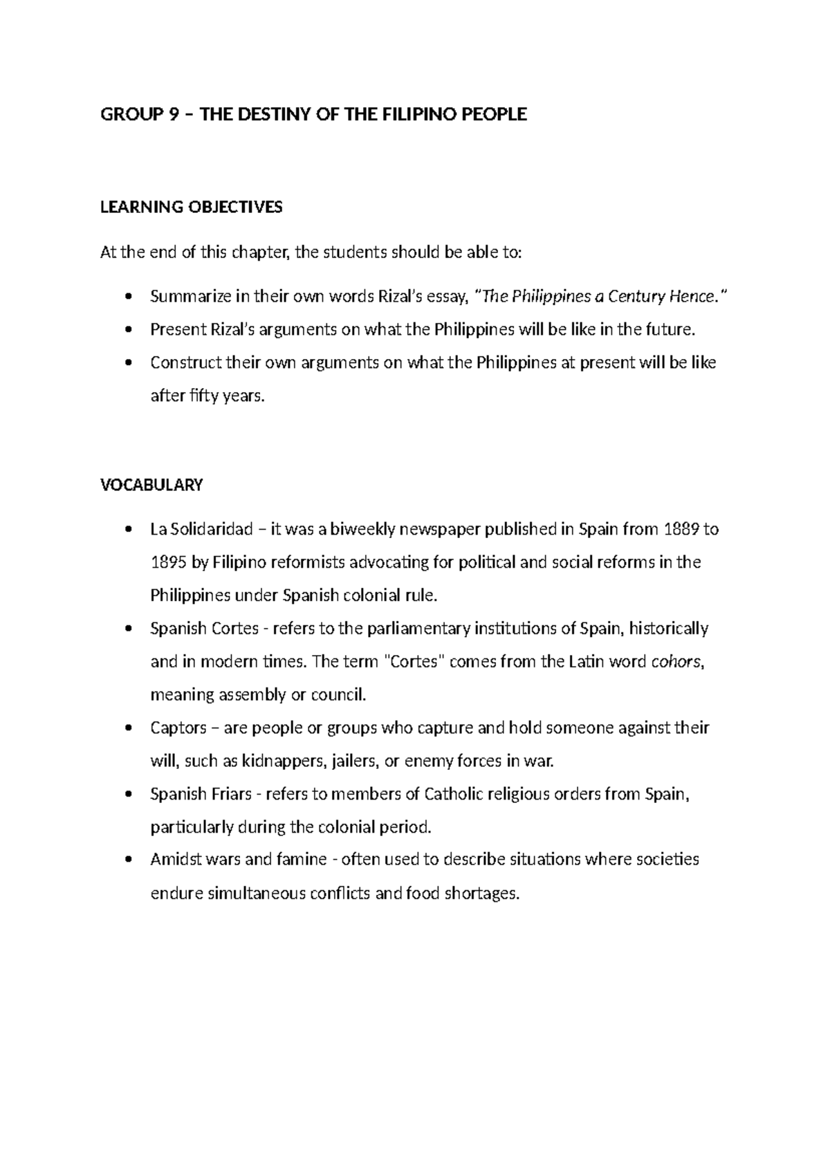 Group 9: The Destiny of the Filipino People - Learning Objectives & Key ...