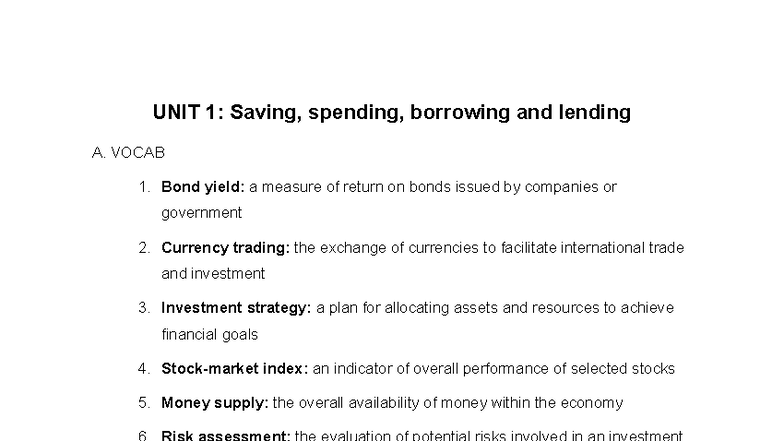 [ECO2] Unit 1: Saving, Spending, Borrowing, and Lending Vocabulary ...