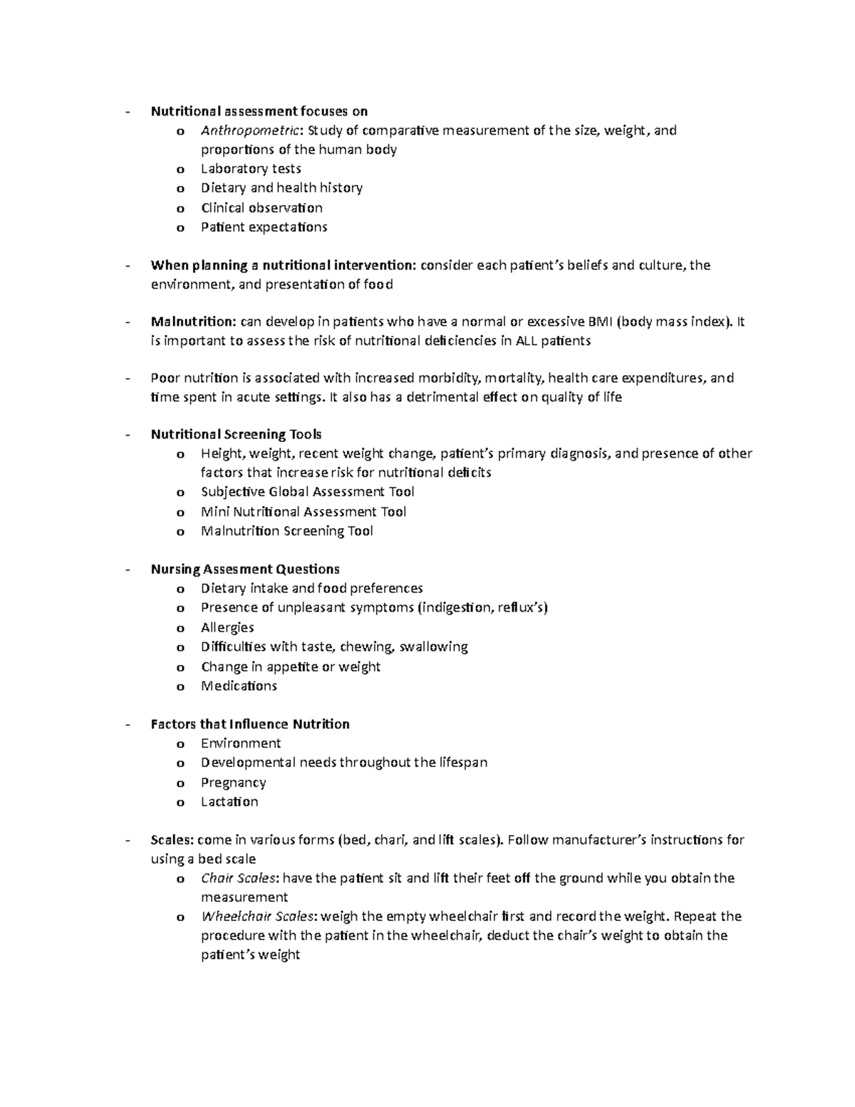 Nutrition - Lecture notes - Nutritional assessment focuses on o ...