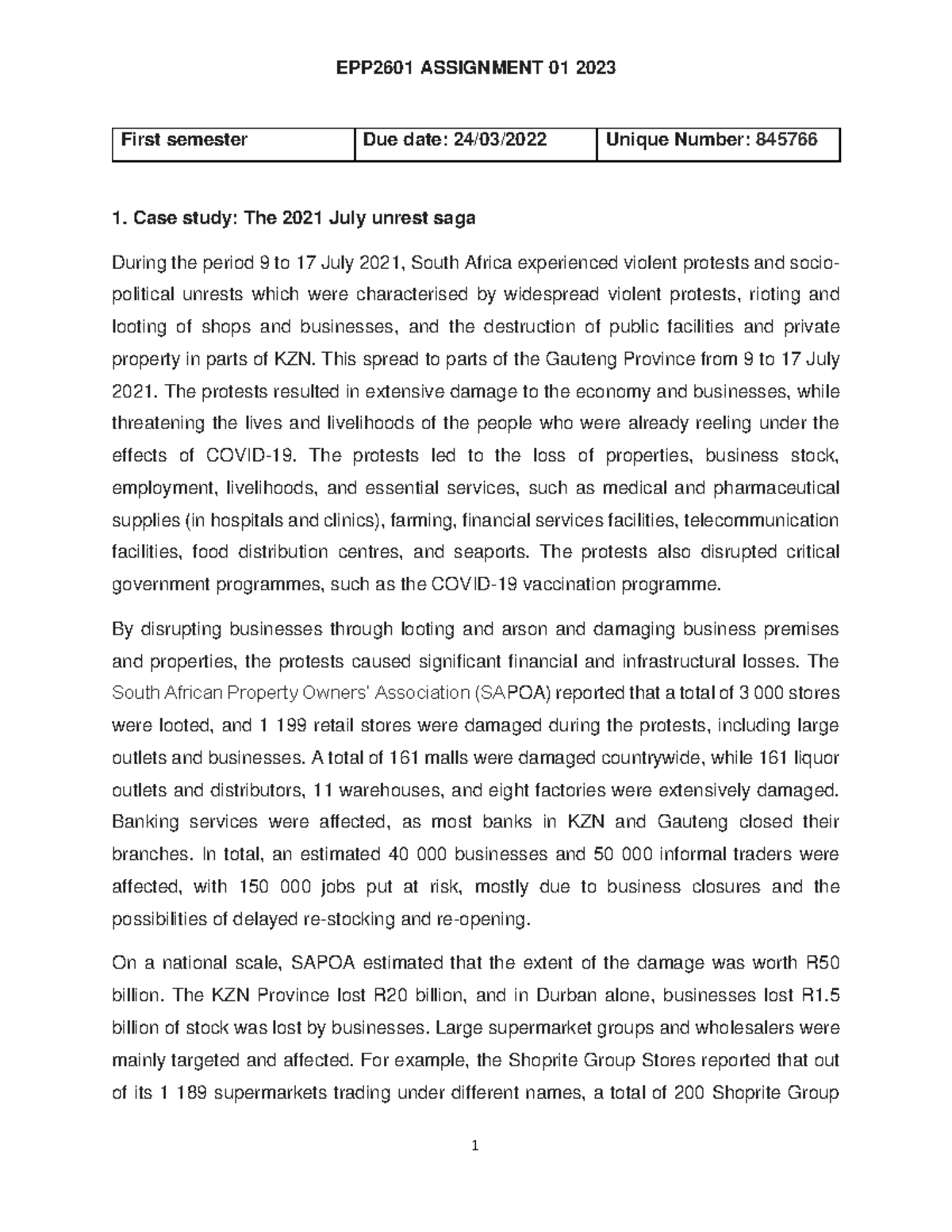 EPP2601 ASS01 - EPP2601 ASSIGNMENT 01 2023 1 Case study: The 2021 July ...