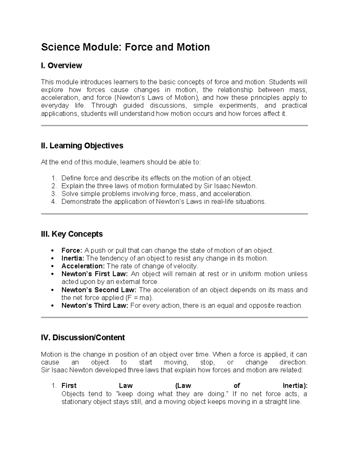 Science Module: Force and Motion I - Concepts & Activities - Studocu