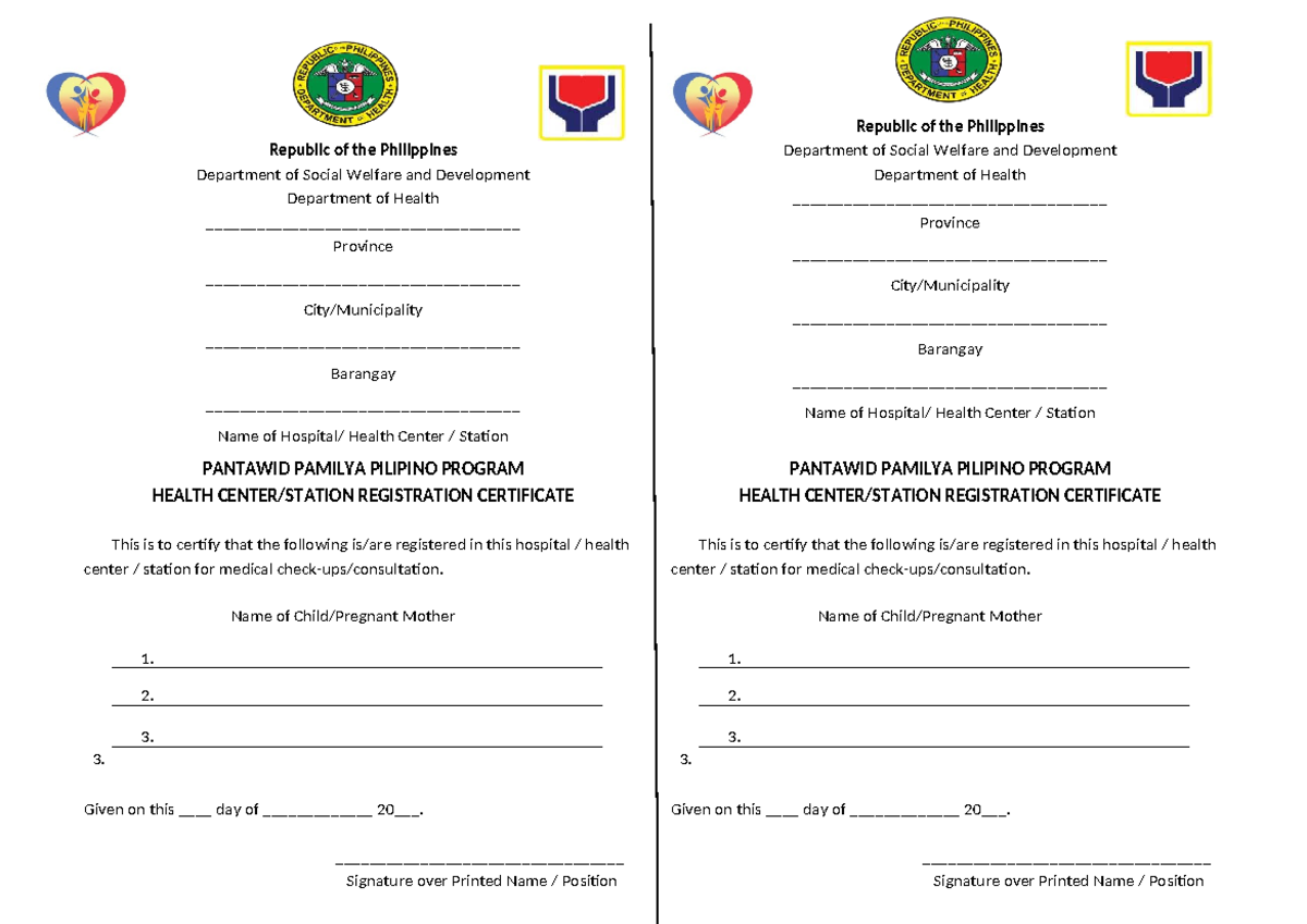 Health Registration Certificate - Pantawid Pamilya Program - Studocu