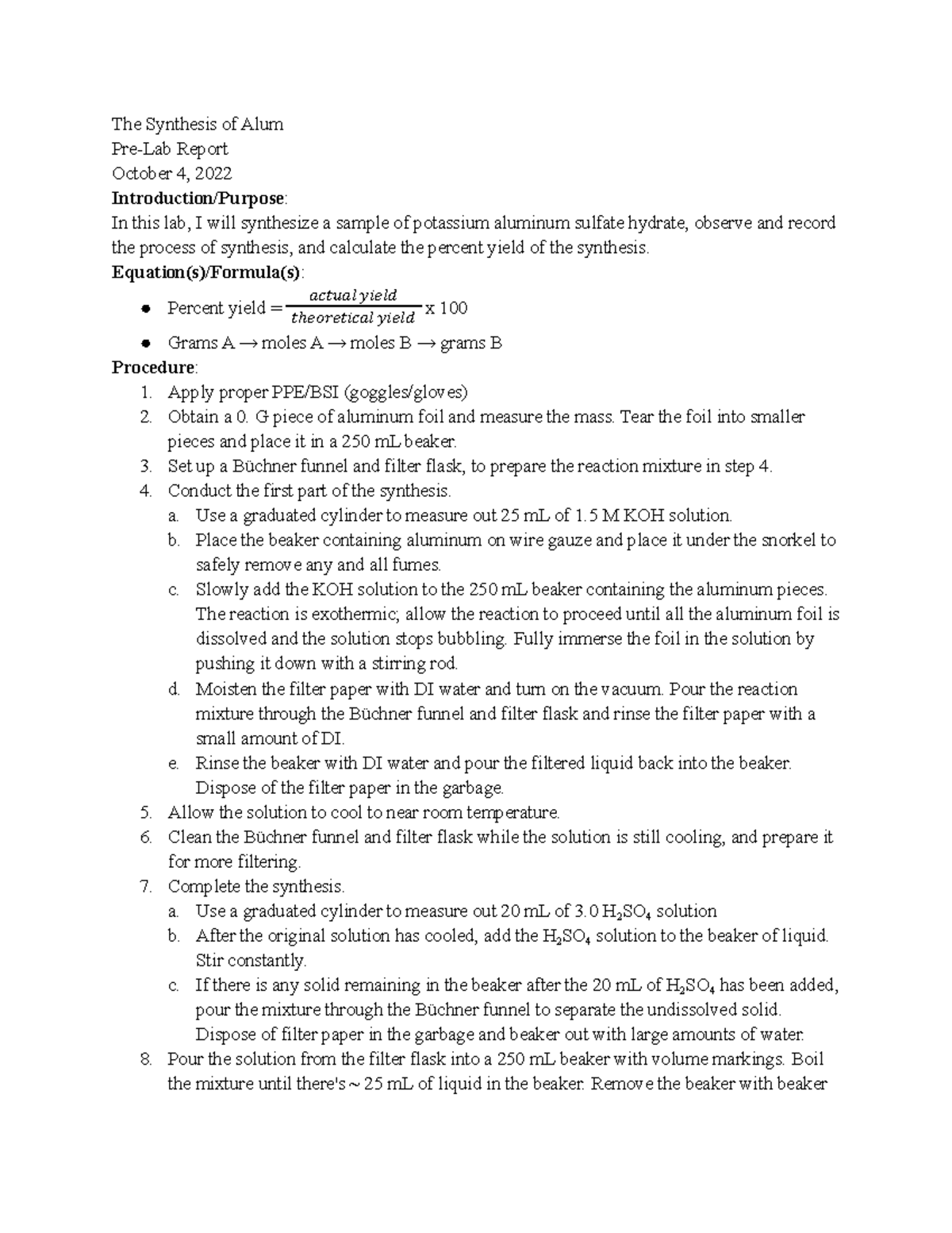 Synthesis of Alum Pre-Lab Report: Detailed Procedure and Analysis - Studocu