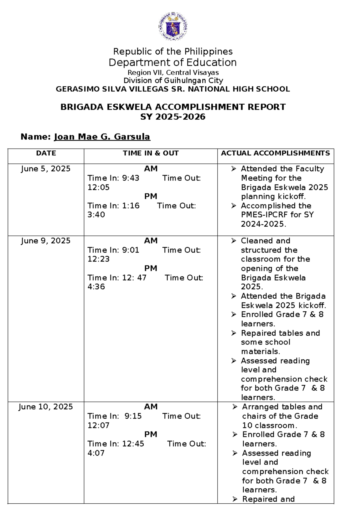 Brigada Eskwela 2025 Accomplishment Report - SY 2025 - Studocu
