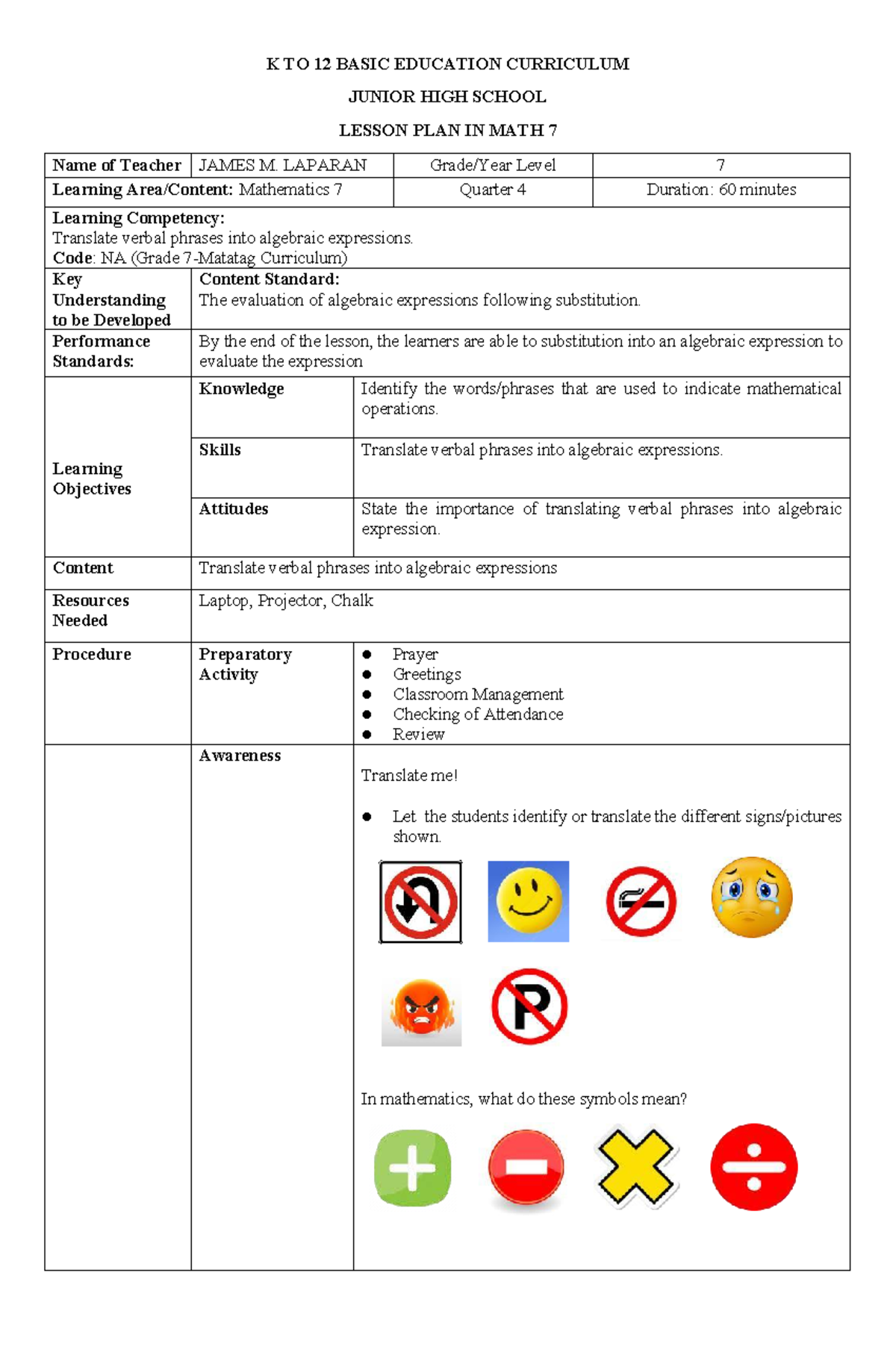 MATH 7 Lesson Plan: Translating Verbal Phrases into Algebraic ...