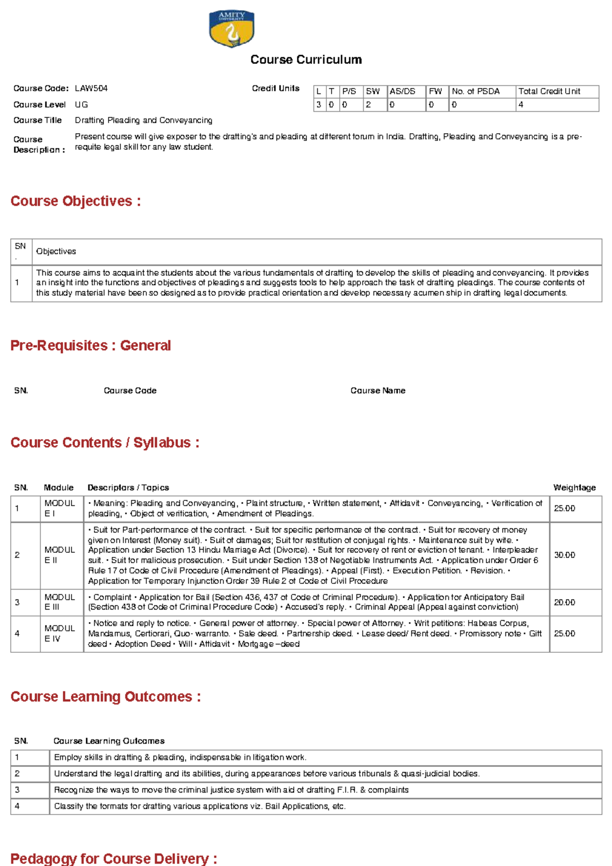 Drafting, Pleading & Conveyancing - LAW504 Course Curriculum - Studocu
