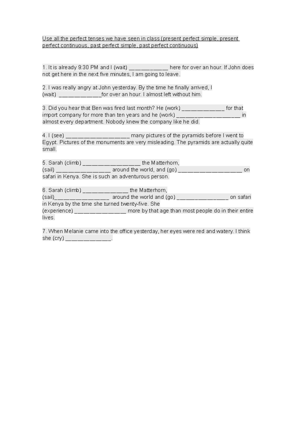 All the Perfect Tenses: Exercises and Examples for Class - Studocu