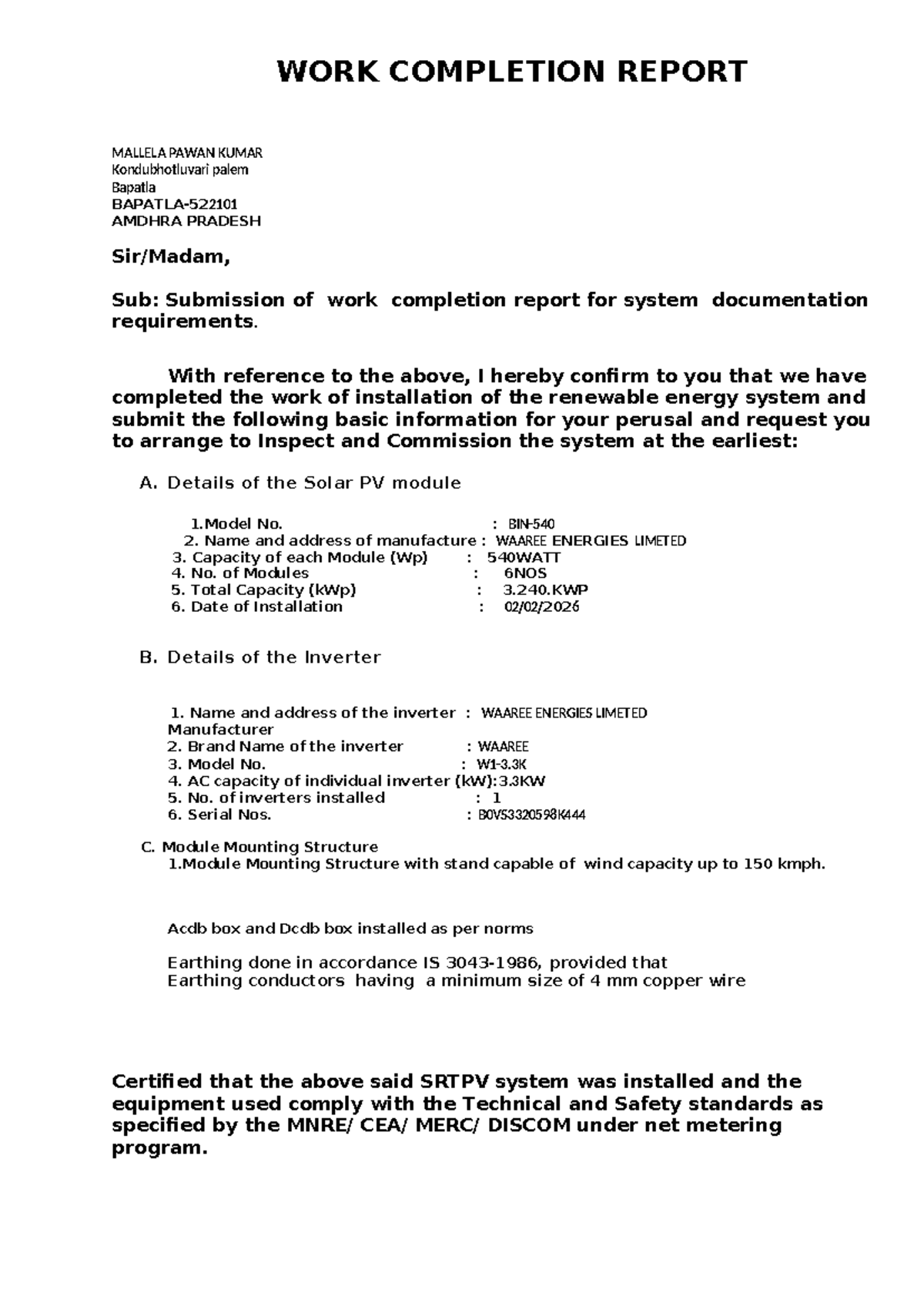 WORK COMPLETION REPORT: RENEWABLE ENERGY SYSTEM INSTALLATION - Studocu