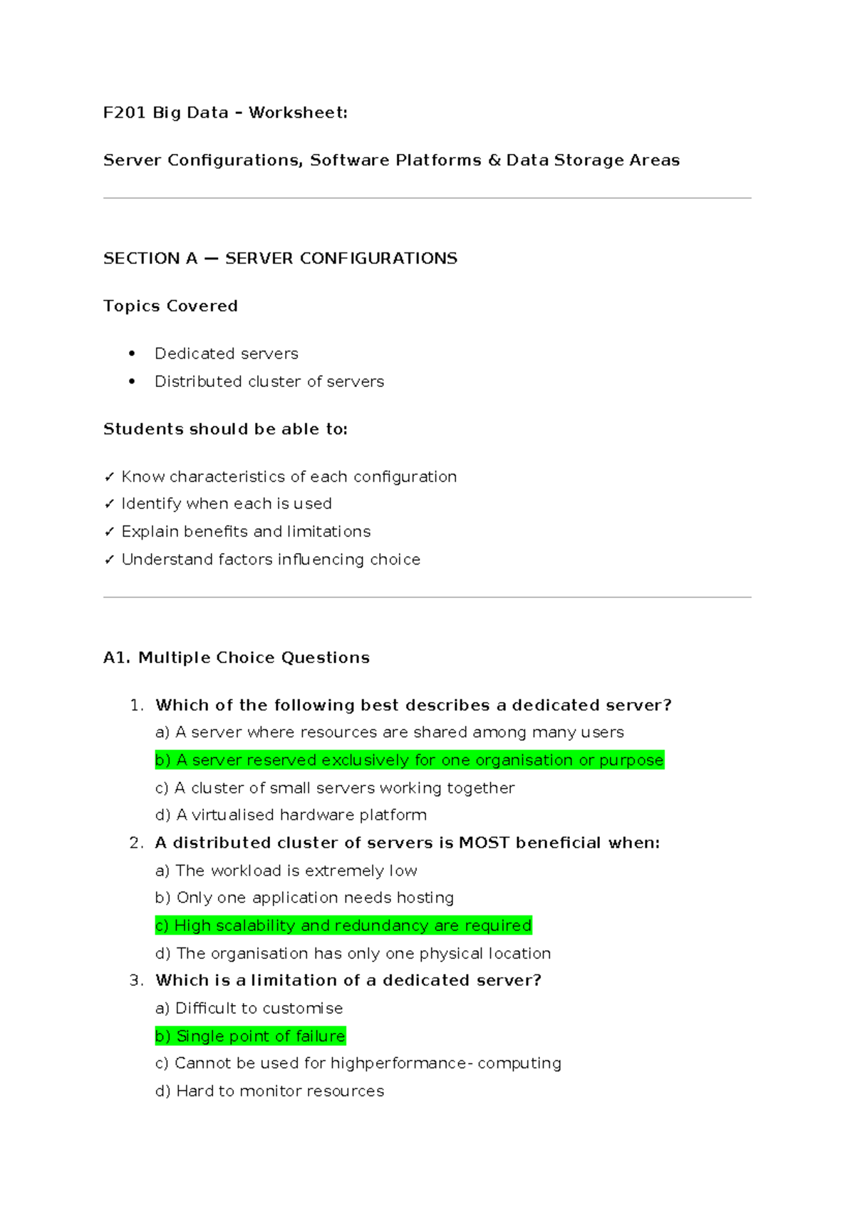 F201 Big Data Worksheet: Server Configurations & Software Platforms ...
