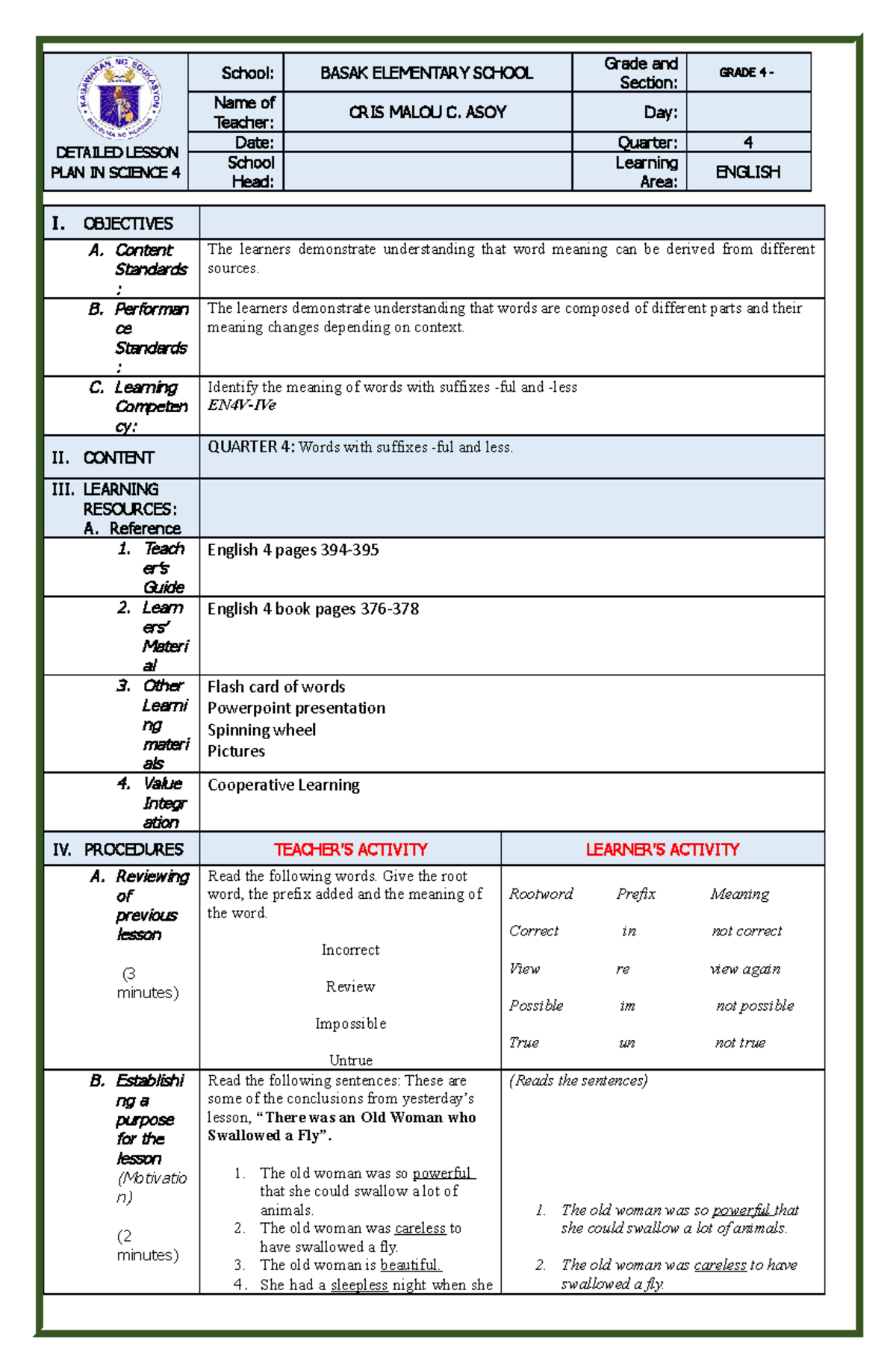 English 4 Lesson Plan: Understanding Suffixes -ful and -less - Studocu