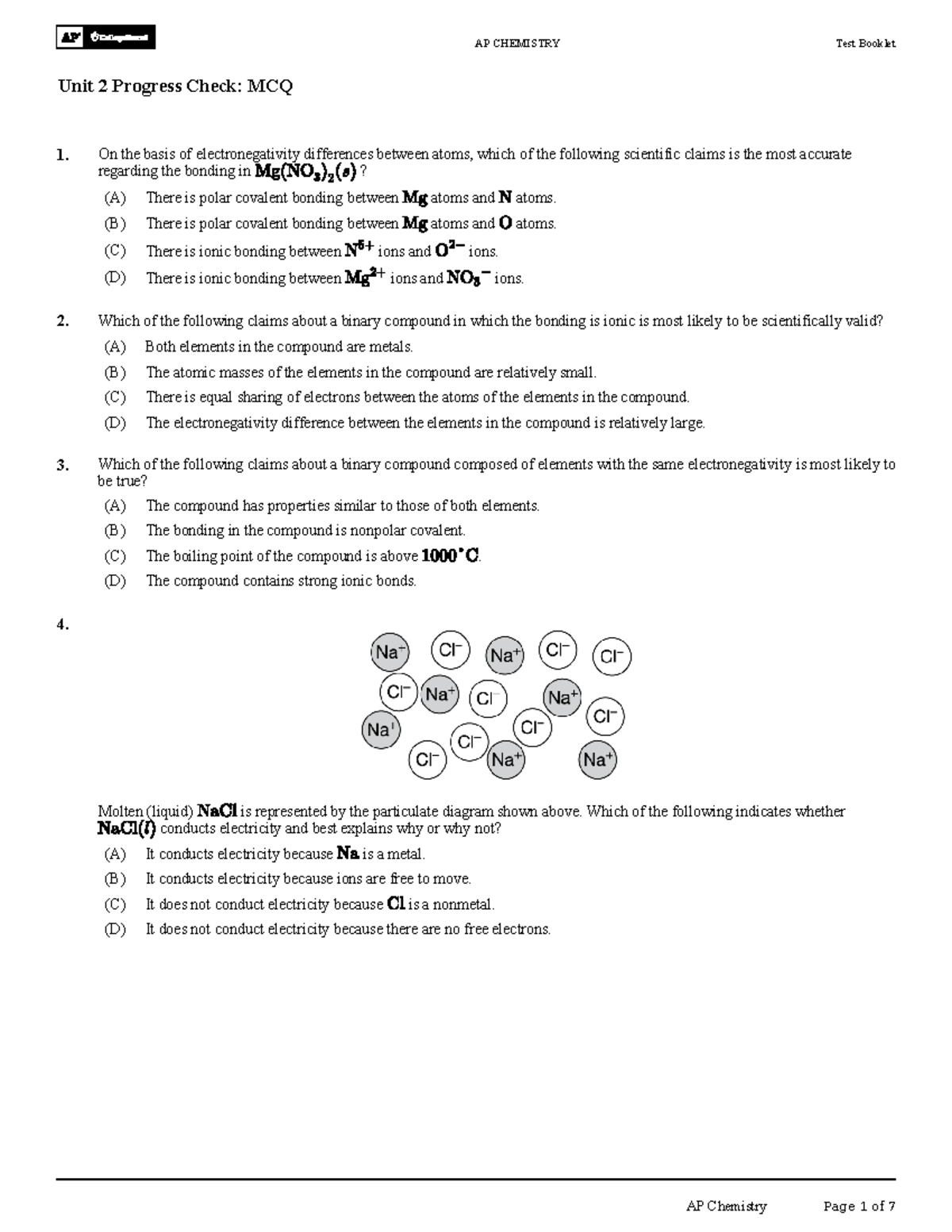 AP CHEMISTRY Unit 2 Progress Check: Multiple Choice Questions - Studocu
