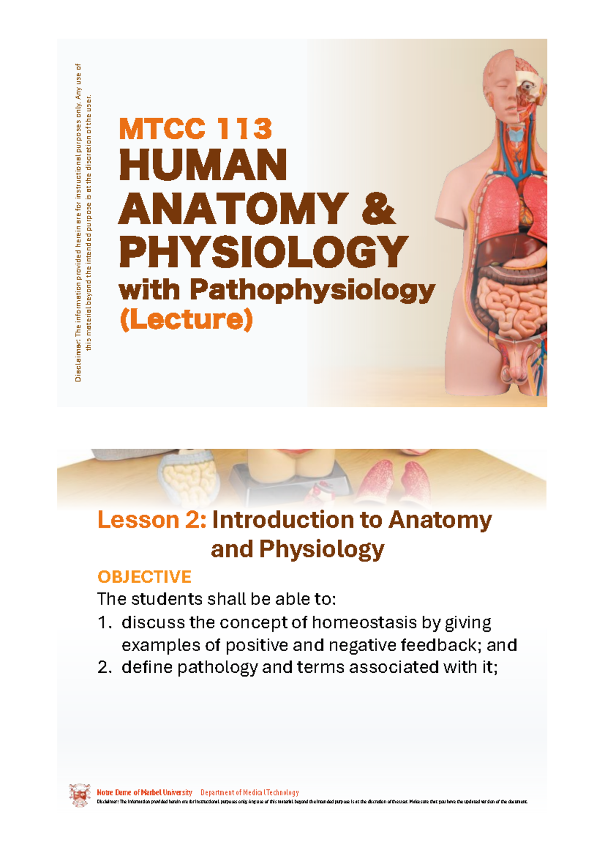 MTCC 113: Anatomy & Physiology with Pathophysiology (Lesson 2) - Studocu
