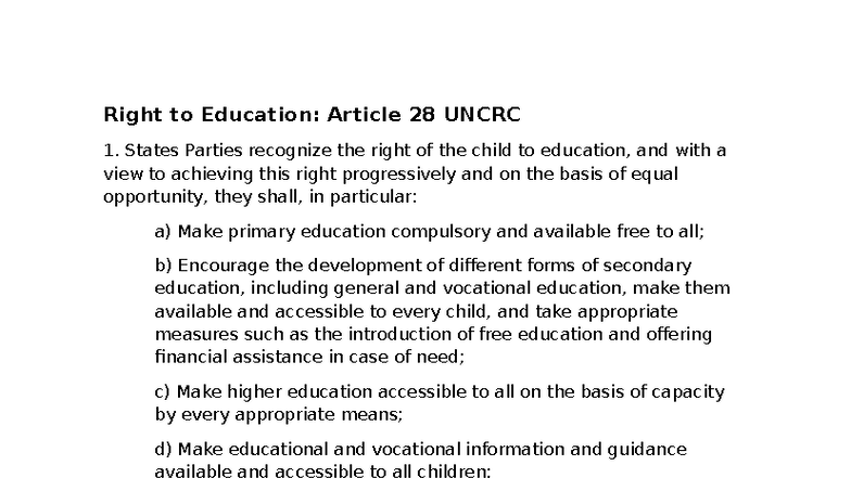 UNCRC Rights to Education: Article 28 & 29 Overview - Week 5 Notes ...