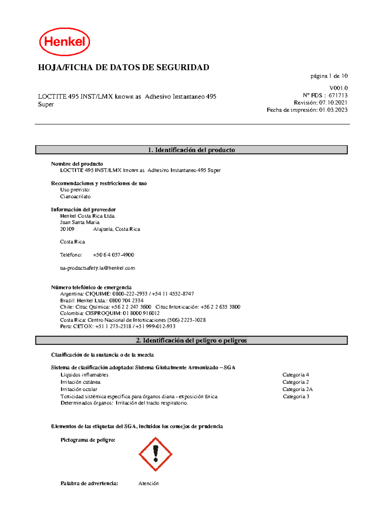 Hoja de Seguridad de Loctite 495 - Adhesivo Instantáneo Super - Studocu