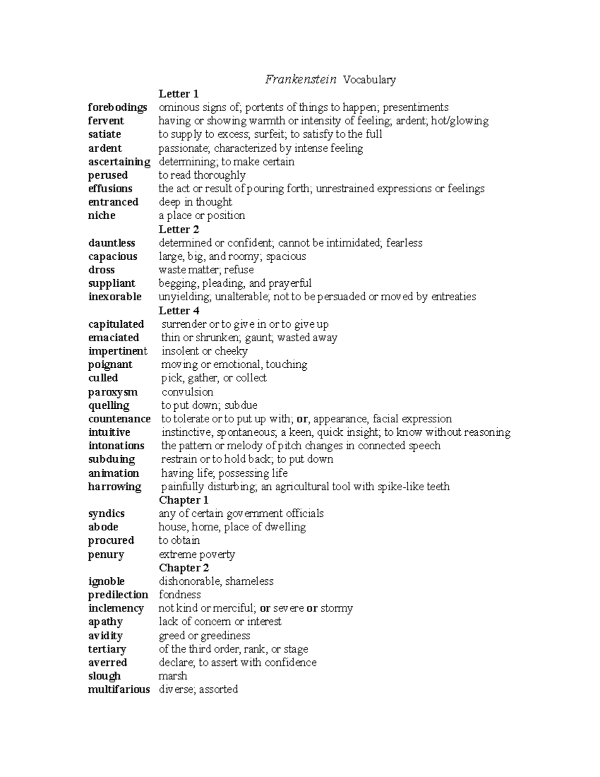 Frankenstein Vocab: Essential Terms from Chapters 1-19 Analysis - Studocu
