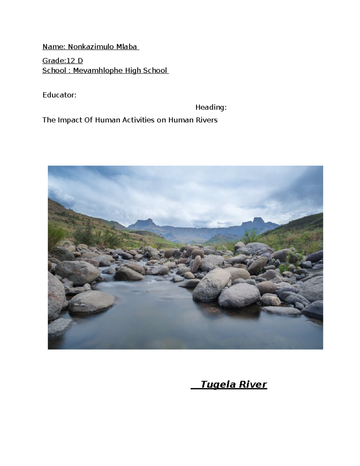 The Impact of Human Activities on the Tugela River: Grade 12 Case Study ...