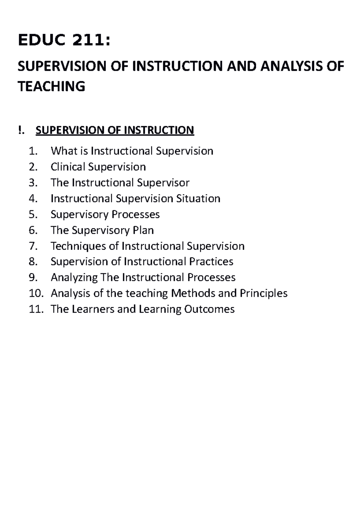 EDUC 211 Supervision of Instruction: A Comprehensive Module Guide - Studocu