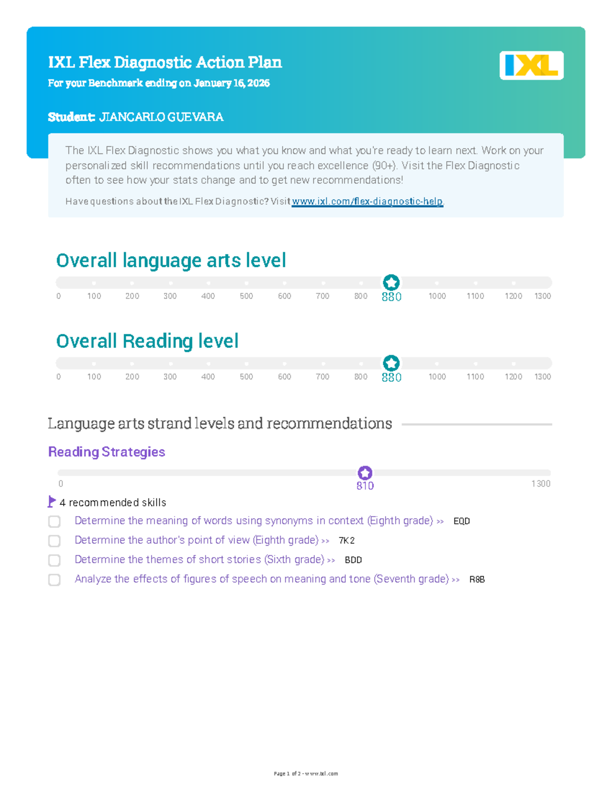 IXL Flex Diagnostic Action Plan for Benchmark 2026-01-16 - Studocu